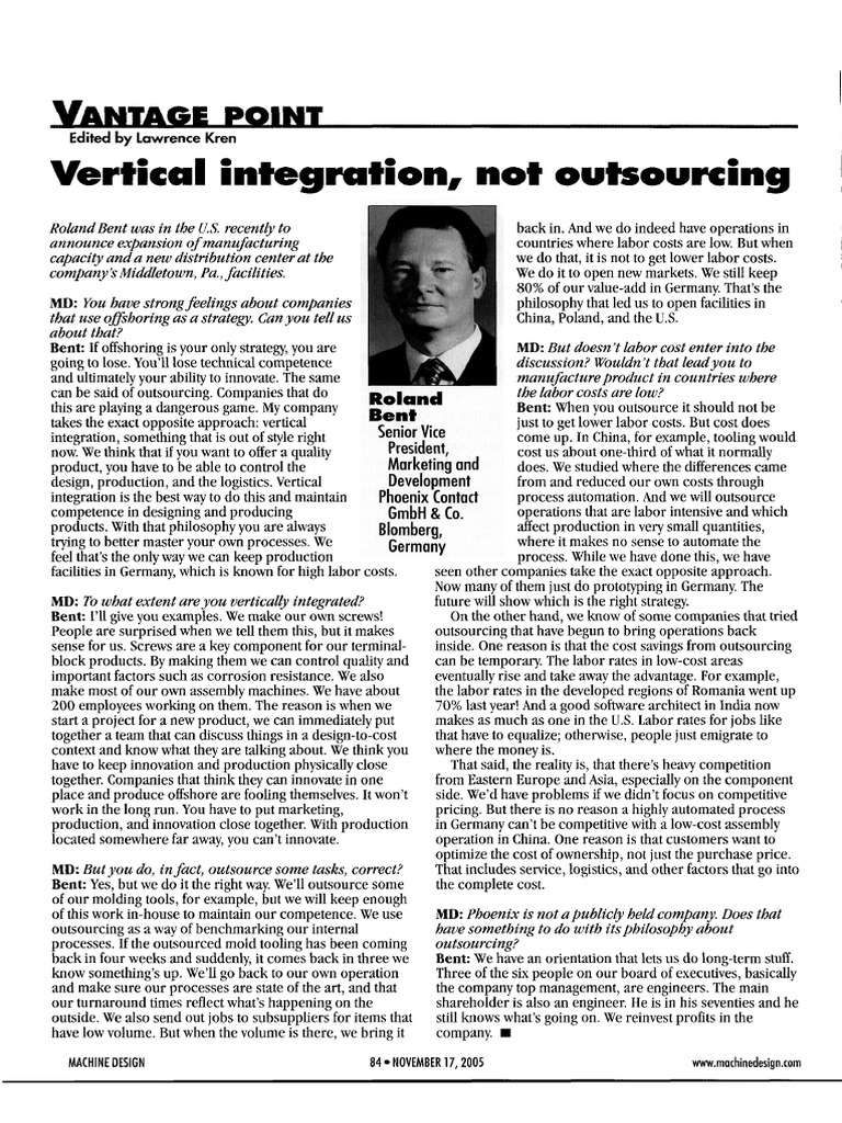 Vertical Integration Not Outsourcing | PDF