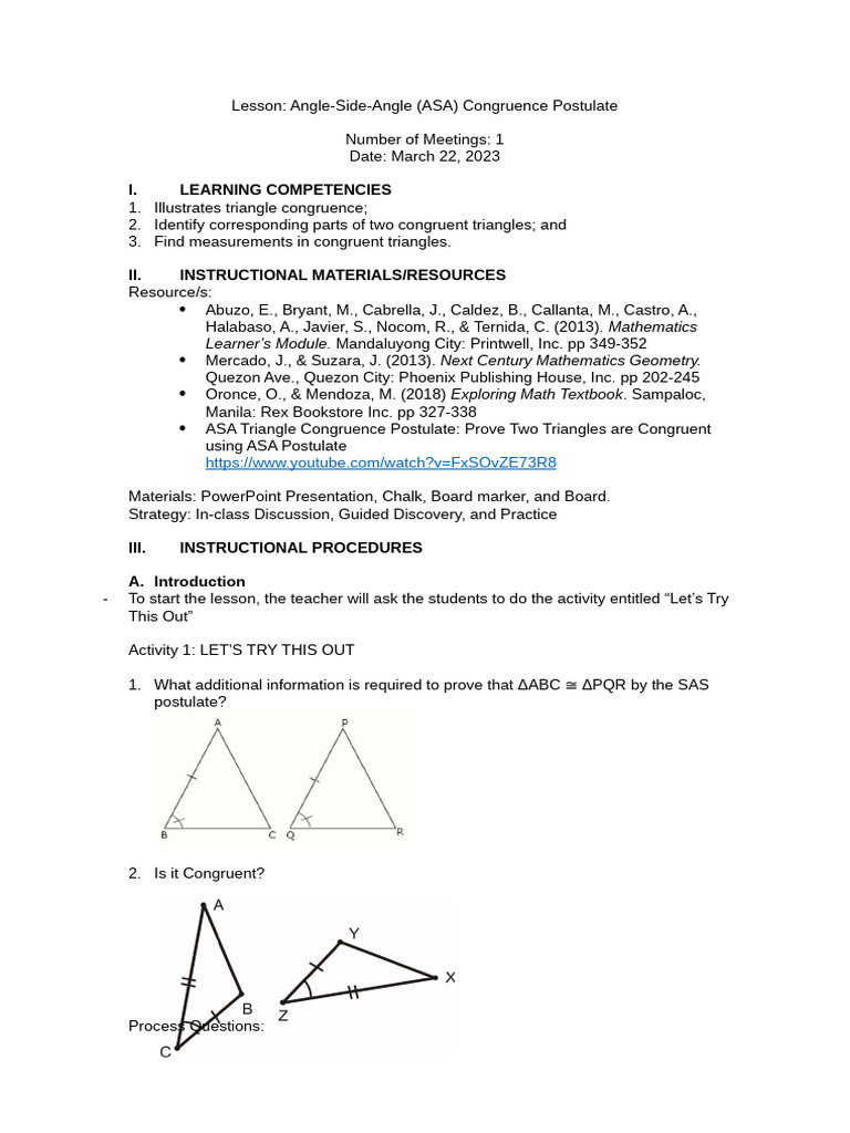 ASA Congruence Postulate | PDF | Euclidean Geometry | Classical Geometry