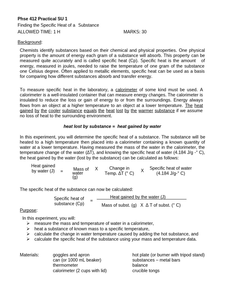 PHSE 412 SU 1 PRACTICAL 2025 Specific Heat Capacity | PDF