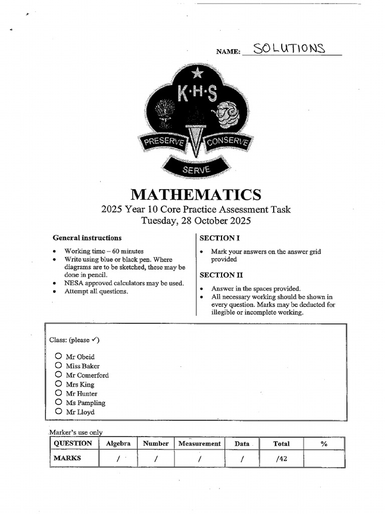 Yr 10 Core Practice Test Solutions (1) | PDF