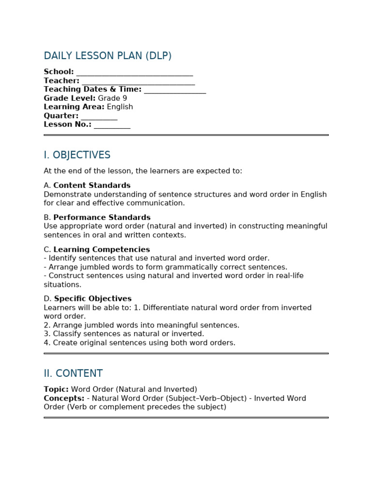 Dep Ed Daily Lesson Plan – Word Order (Natural and Inverted) | PDF ...