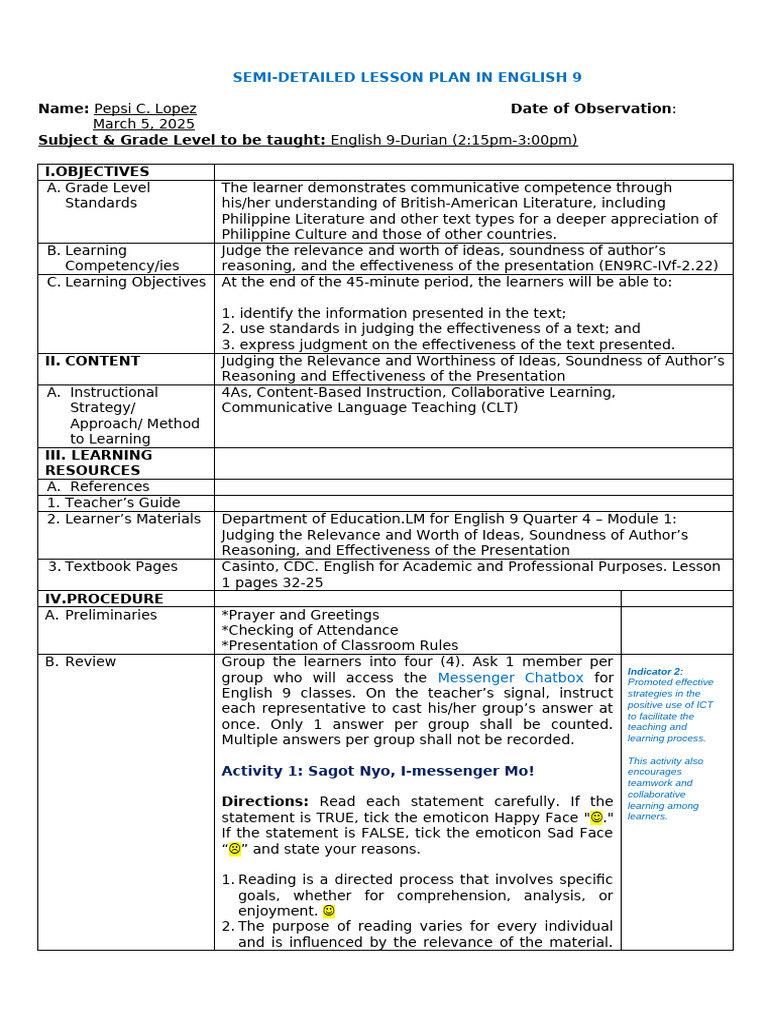 FINAL_CO4 LESSON PLAN_SY2024.2025 (4As) | PDF | Reading Comprehension ...