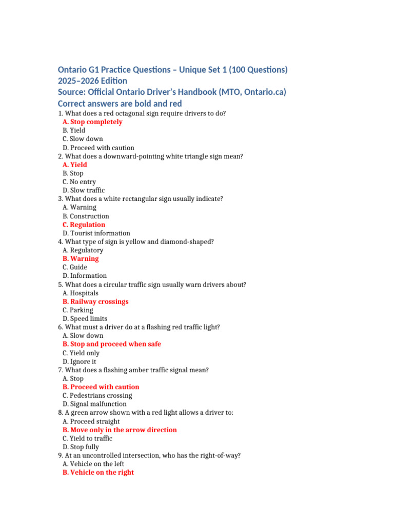 Ontario G1 Unique Set 1 100Qs BoldRed | PDF | Traffic | Traffic Light