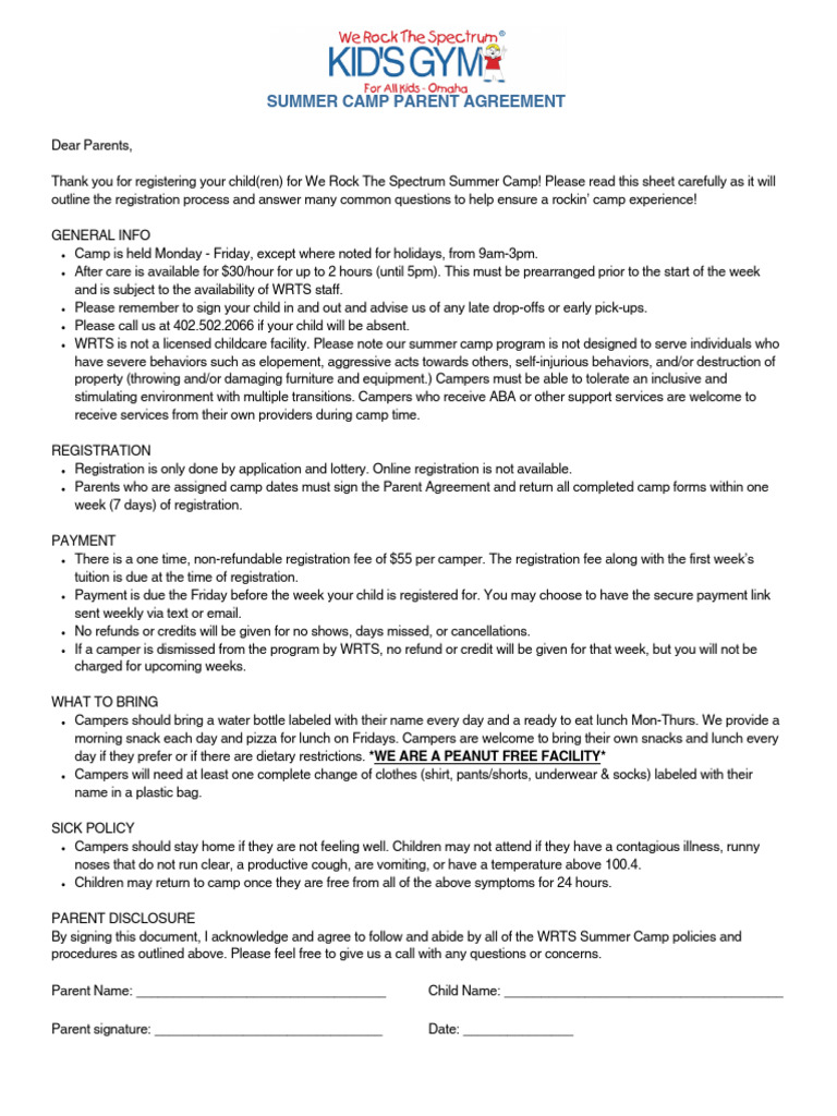 Summer Camp Parent Agreement 2026 | PDF