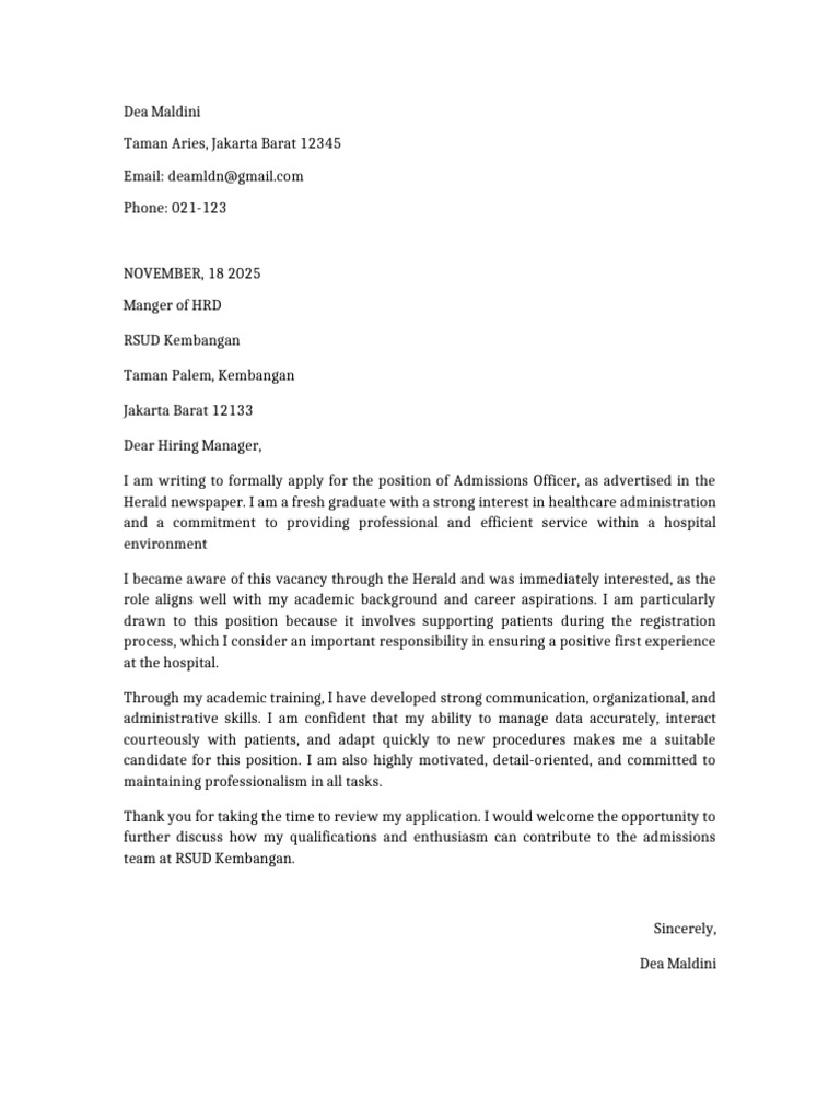 Formal Cover Letter Dea Maldini | PDF