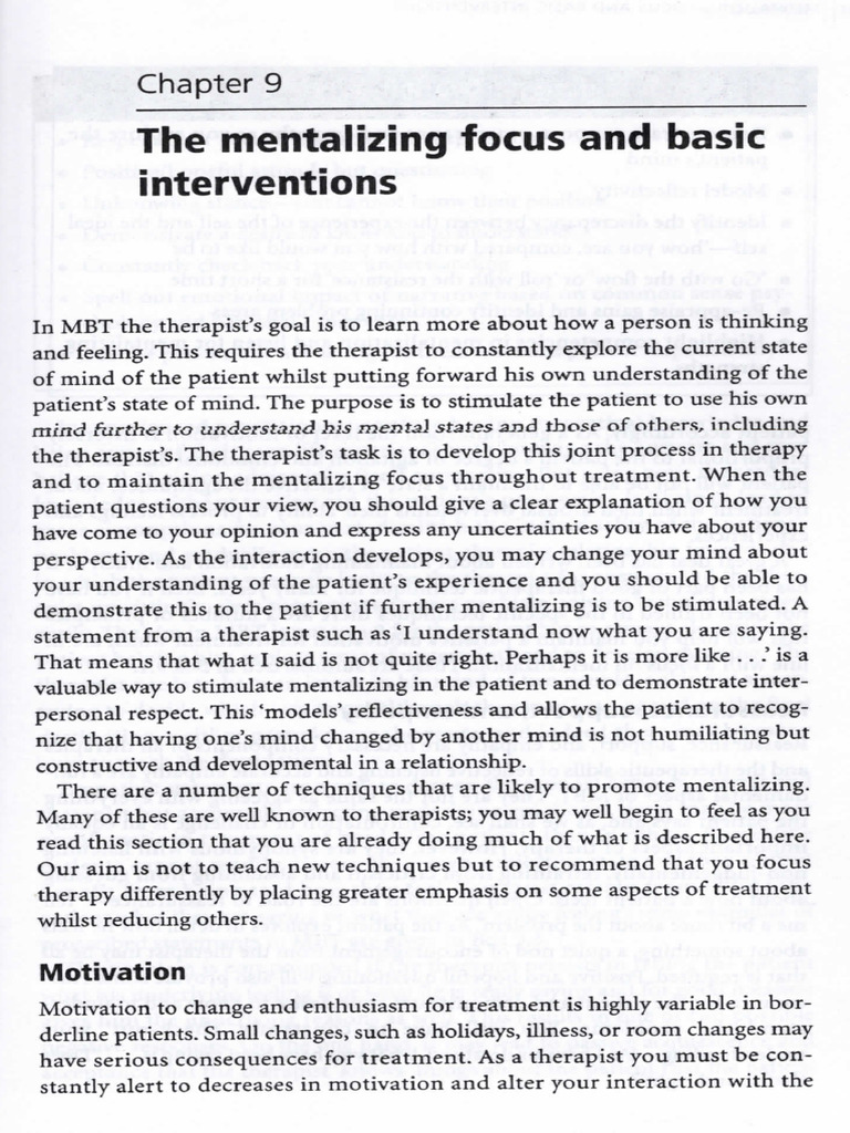 Bateman, A & Fonagy (2006) Chap. 9 the Mentalizing Focus and Basic ...