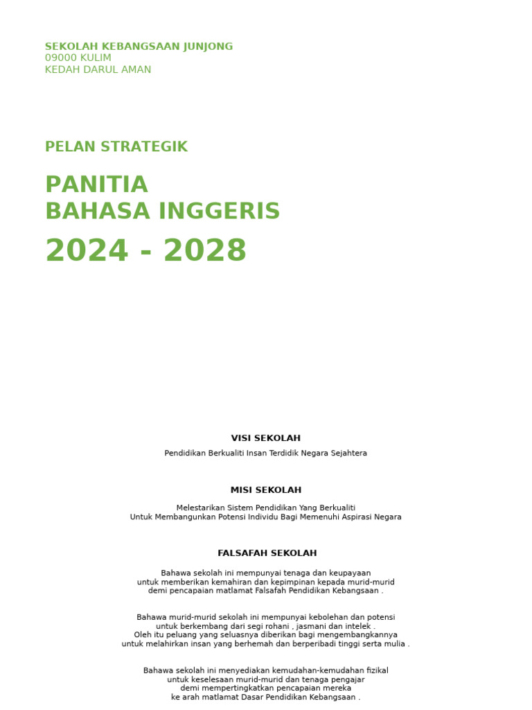 Pelan Strategik Panitia Bahasa Inggeris Sk Junjong 2024 | PDF