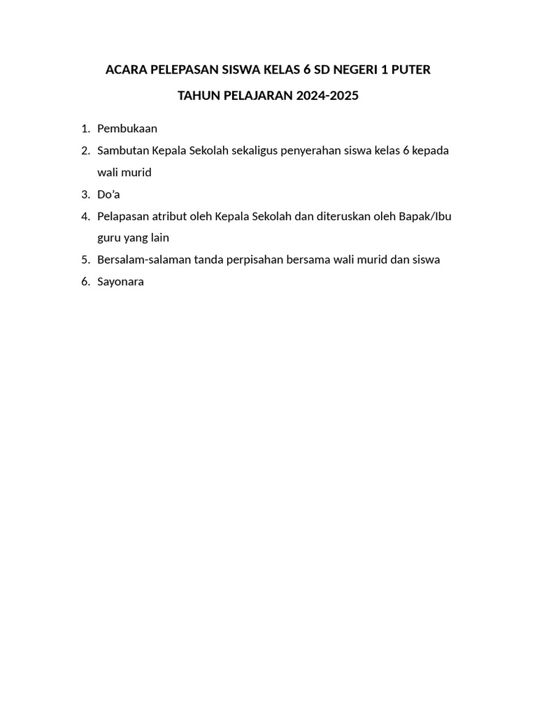 Acara Pelepasan Siswa Kelas 6 SD Negeri 1 Puter | PDF