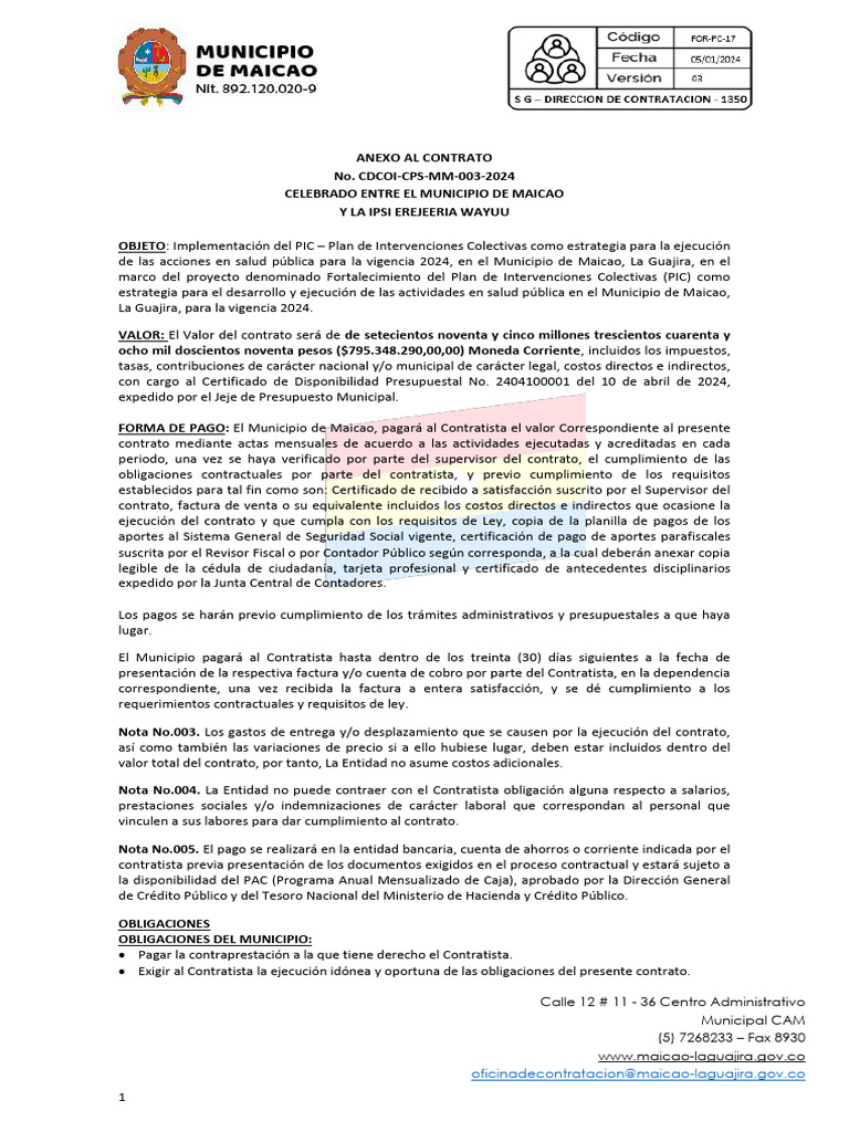 Anexo Al Contrato No. CDCOI CPS MM 003 2024 | PDF | Sociedad de ...