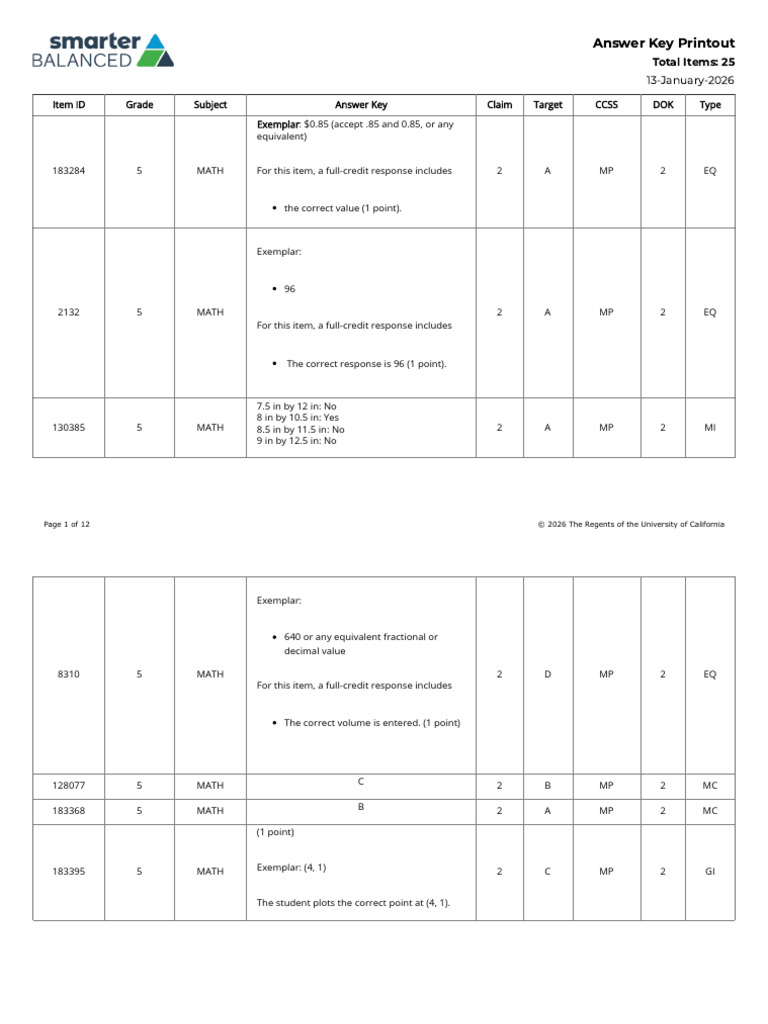 Sample Items and Answer Key Printout-12!1!26 | PDF | Triangle | Length