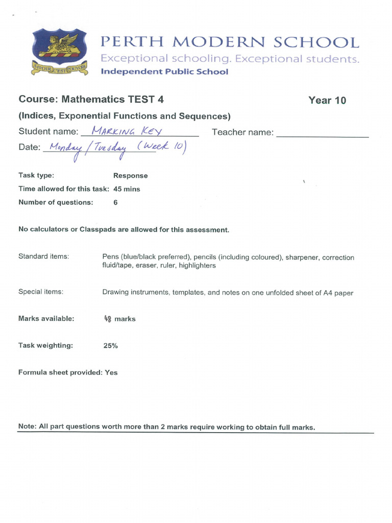 2020 Year 10 Mathematics - Test 4 (Marking Key) | PDF