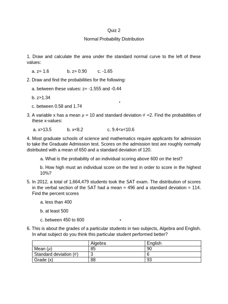 QUIZ 2 Normal Probability Distribution | PDF