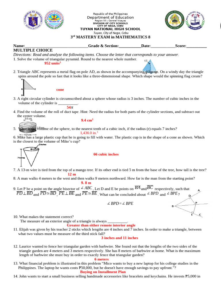 3rd Mastery Test (3) | PDF | Mathematics | Elementary Mathematics