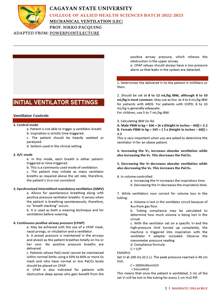 Initial Ventilator Setting | PDF | Medical Specialties | Respiration