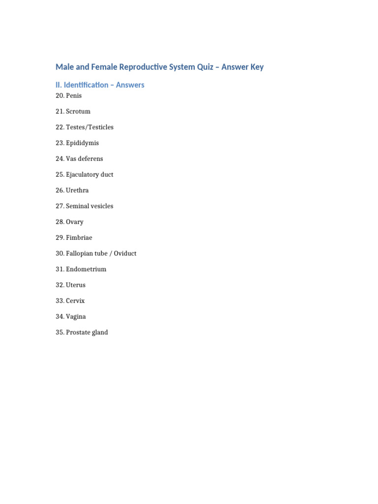 Reproductive System Quiz Answer Key | PDF