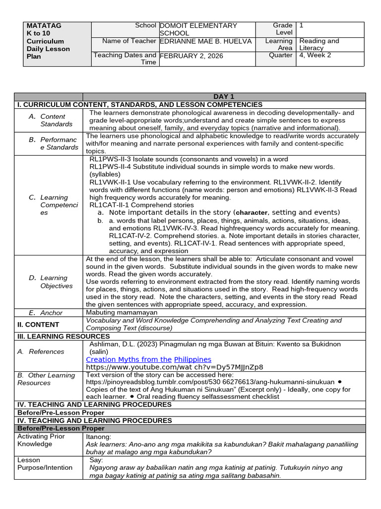 q4- Week 2 Reading and Lit Day 1 | PDF | Word | Linguistics