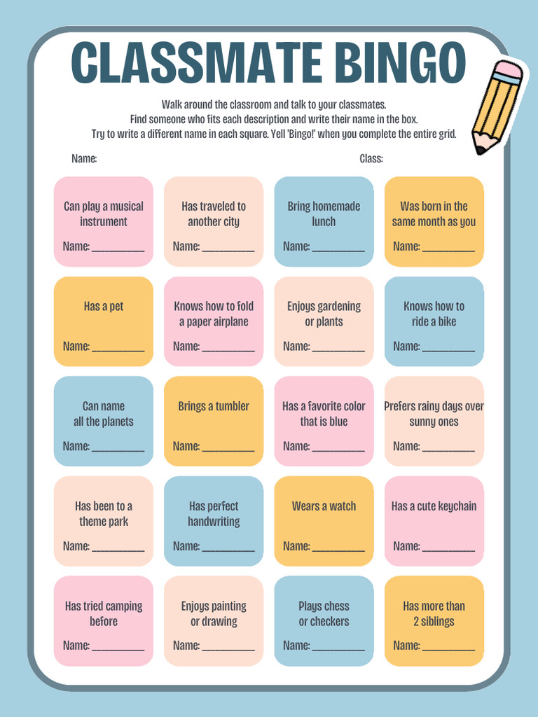 Classmate Bingo Worksheet in Blue Orange Pastel Style.pdf | PDF