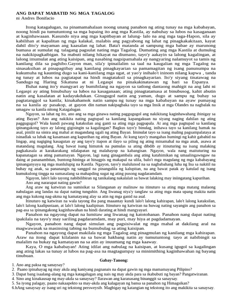 Ang Dapat Mabatid Ng Mga Tagalog | PDF