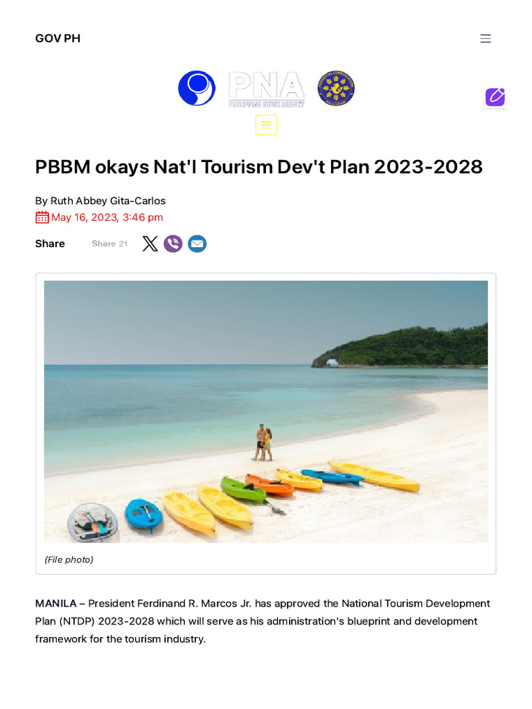 PBBM okays Nat'l Tourism Dev't Plan 2023-2028 _ Philippine News Agency ...