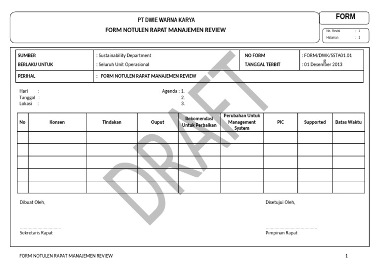 DWK-SSTA01.01 Form Notulen Rapat Manajemen Review | PDF
