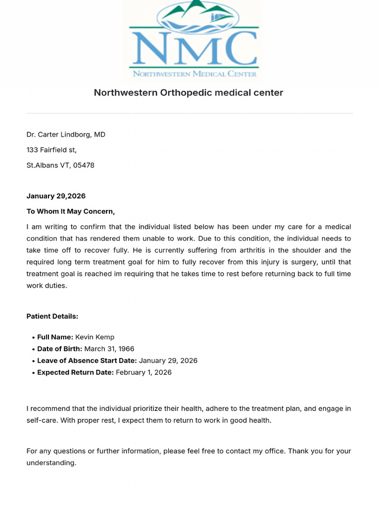 Doctors Excuse Note For Work Template | PDF