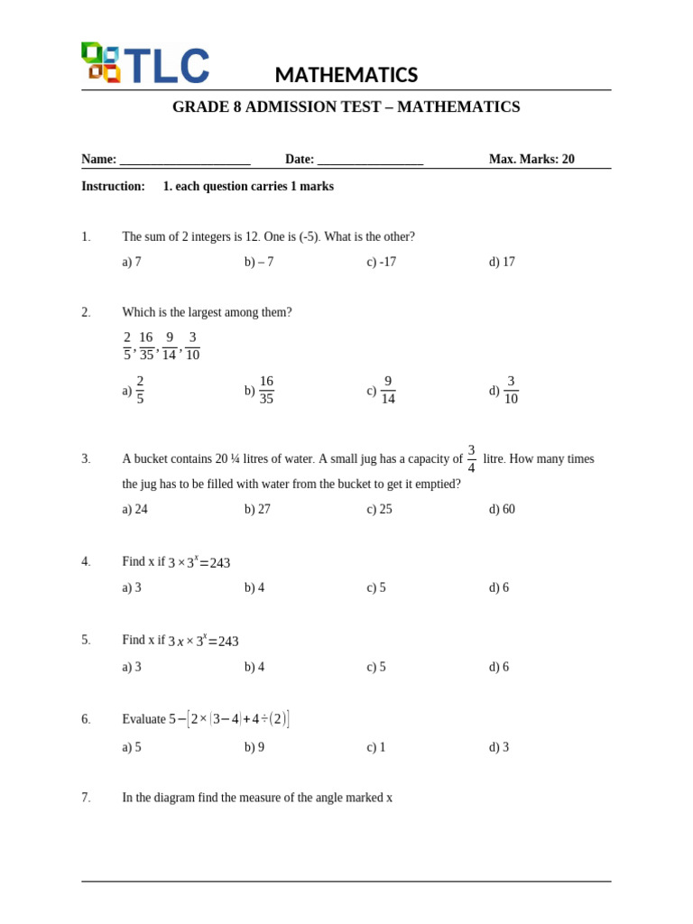Gr8 Mathematics-Admission Test | PDF | Chess Openings | Chess