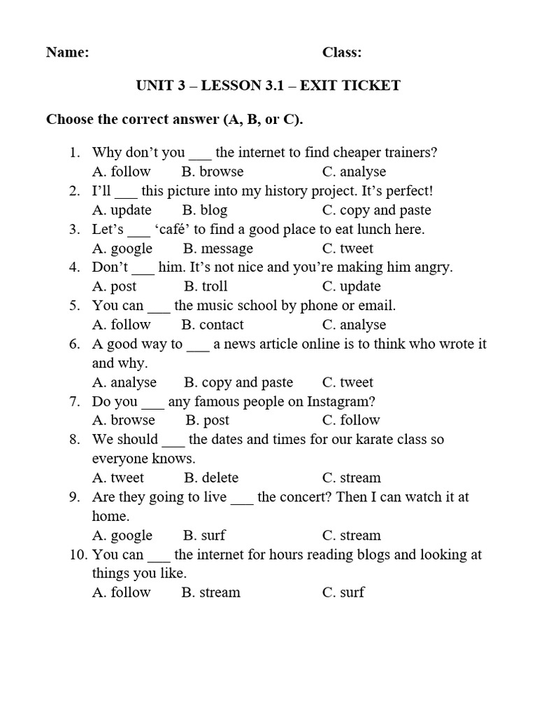 ESL - Unit 3 - Lesson 3.1 - Exit Ticket | PDF