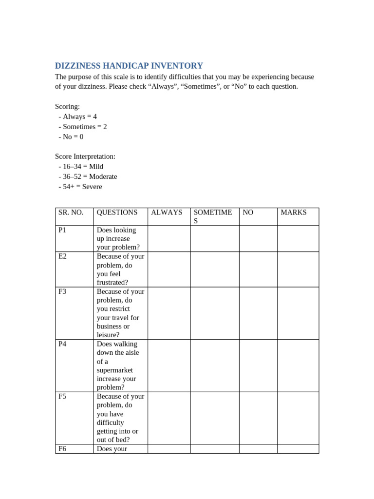 Dizziness Handicap Inventory Editable[1] | PDF