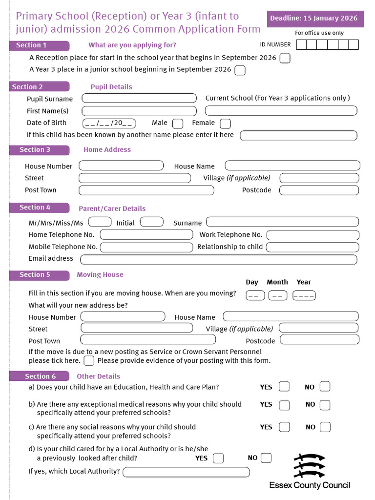 Primary and Junior Schools Admissions Application Form - Academic Year ...