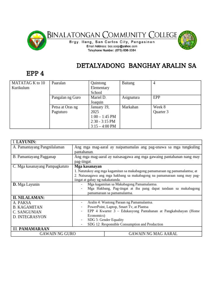 Detalyadong Banghay Aralin Sa Epp 4 | PDF
