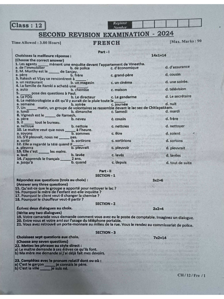 12th French Second Revision Exam 2024 Question Paper Chengalpattu ...