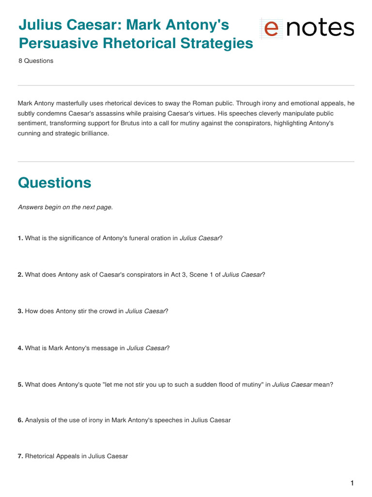 Enotes Mark Antonys Persuasive Rhetorical Strategies Questions | PDF ...