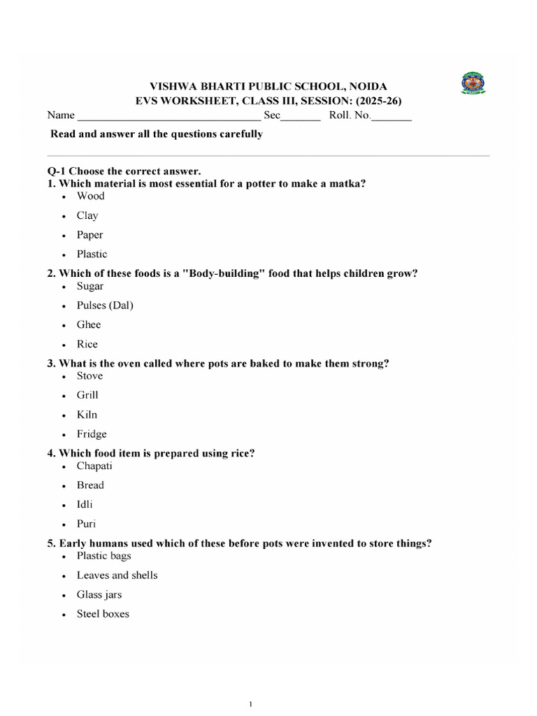 Class 3 EVS Worksheet | PDF