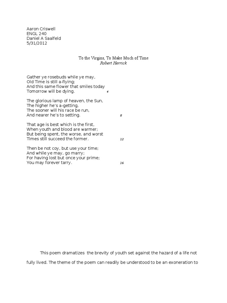 To The Virgins, To Make Much of Time: Robert Herrick | PDF | Poetry