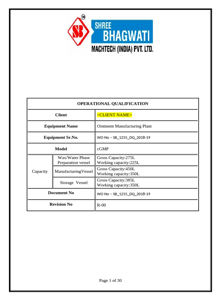 OQ-Ointment Plant300 Ltr | PDF | Verification And Validation | Pump