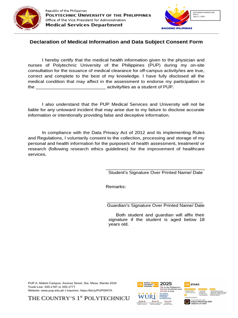 Medical 40 Declaration of Medical Information and Data Subject Consent ...