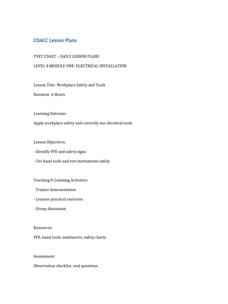 CDACC Level 4 Lesson Plans | PDF