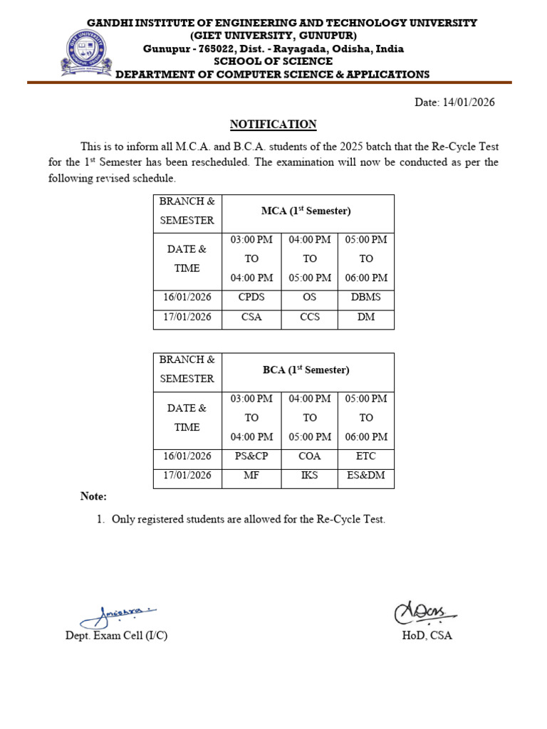 Revised Re Cycle Test Schedule Notice | PDF