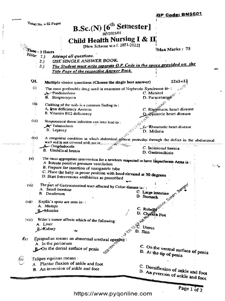 BSC Nursing 6 Sem Child Health Nursing 1 and 2 Bns601 Jan 2025 | PDF