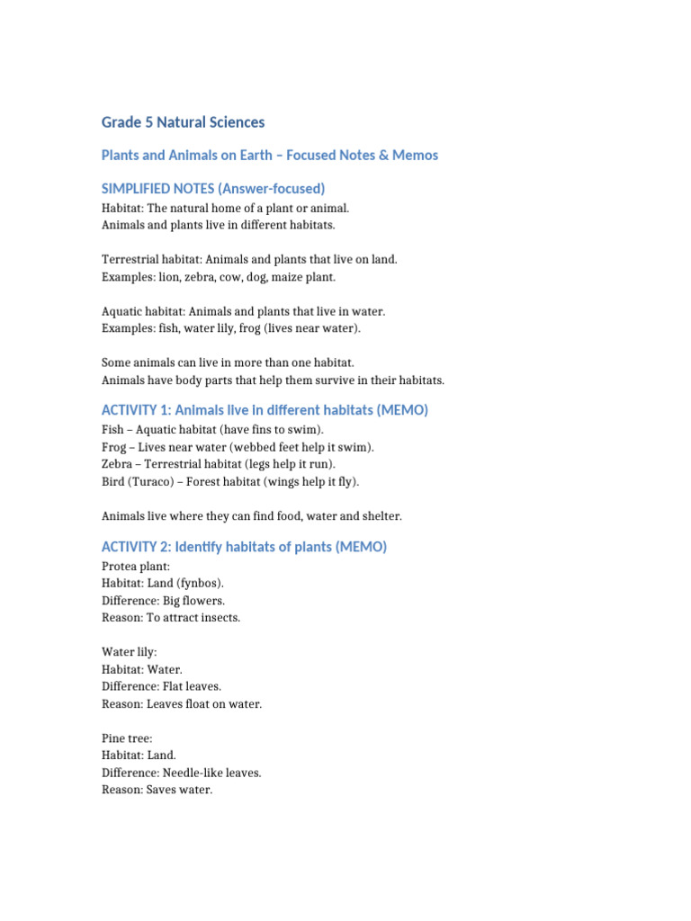 Grade 5 Animals and Plants Focused Notes and Memos | PDF