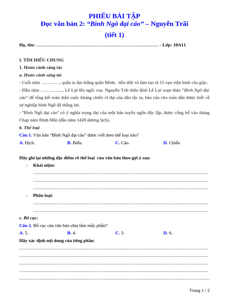 10A11 - Phiếu BT Bình Ngô đại cáo - tiết 1 | PDF