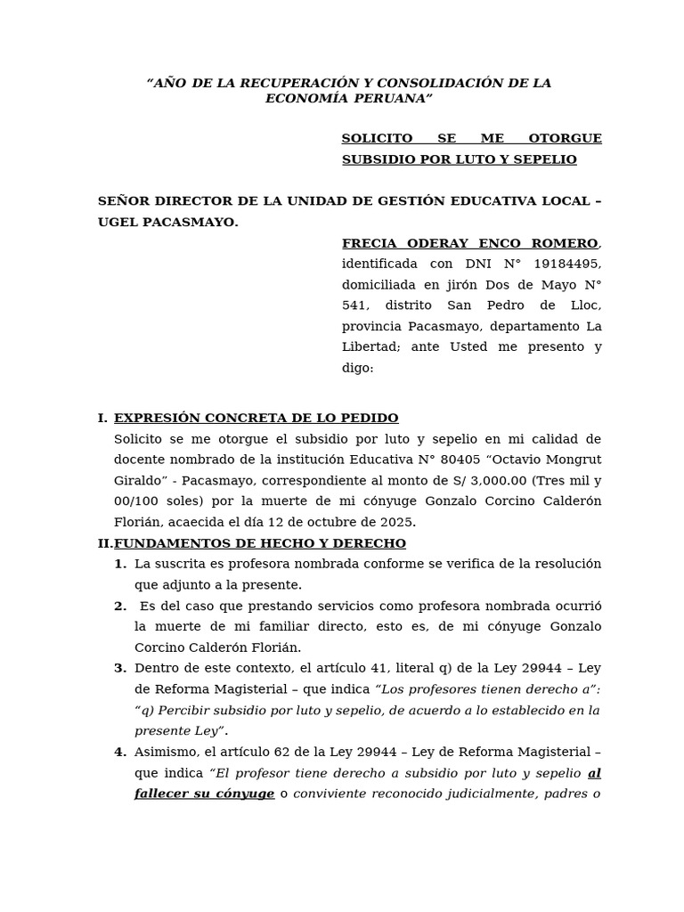 Modelo de Subsidio Por Luto y Gastos de Sepelio | PDF