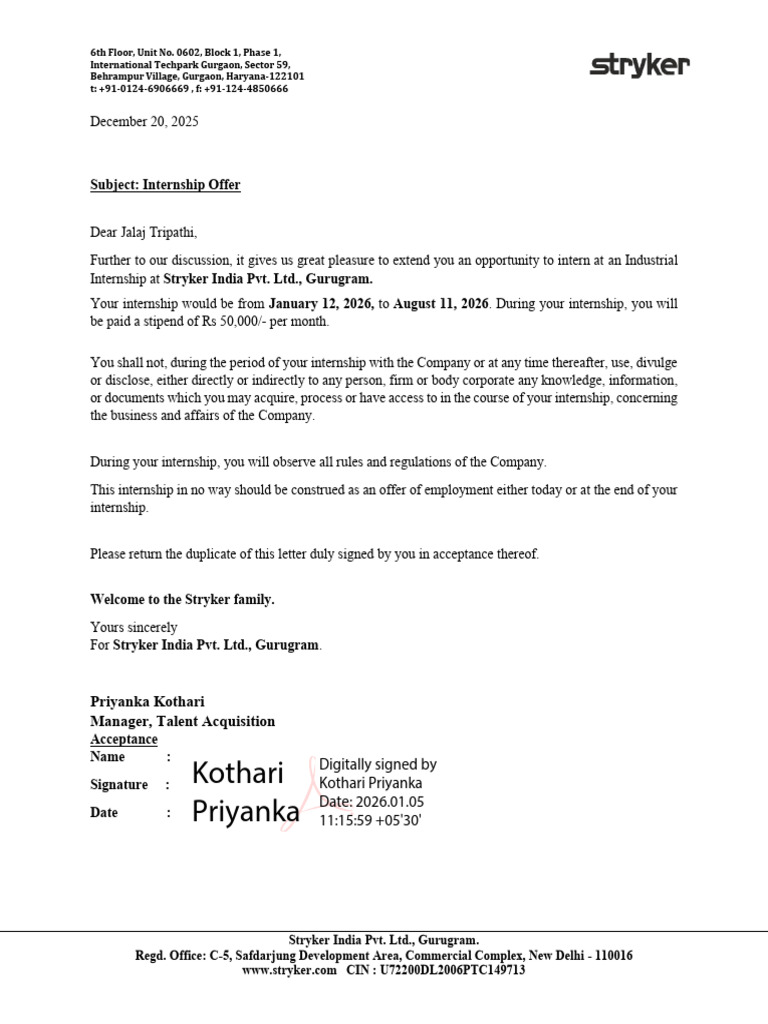 Intern Offer Letter Jalaj Tripathi | PDF