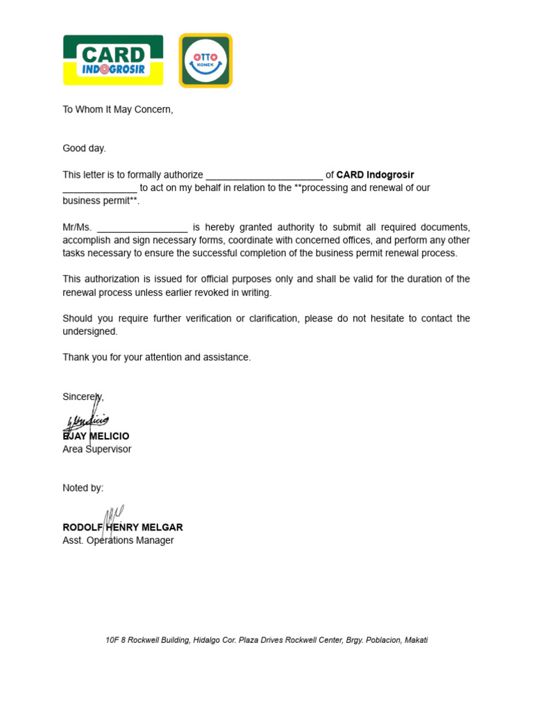 Authorization Letter Permit Renewal | PDF