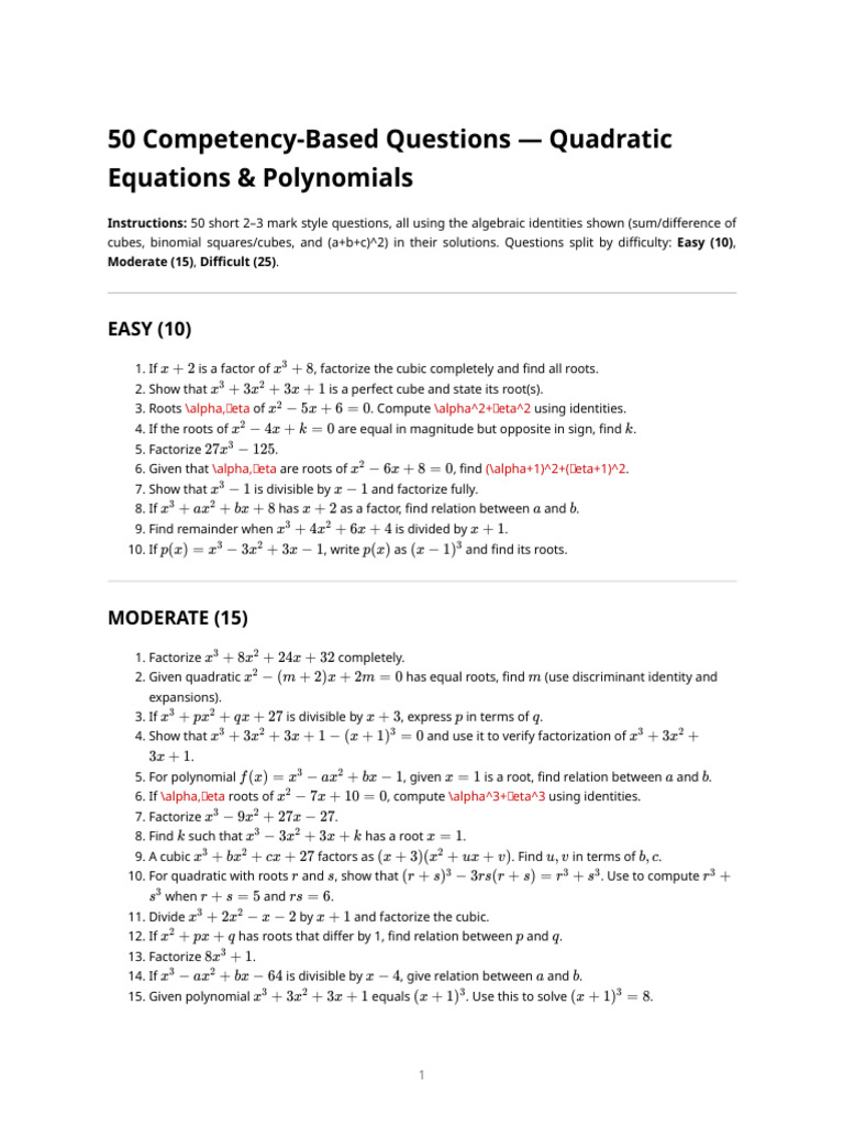 50 Identity Based Questions - Quadratics & Polynomials (Class 10) | PDF ...