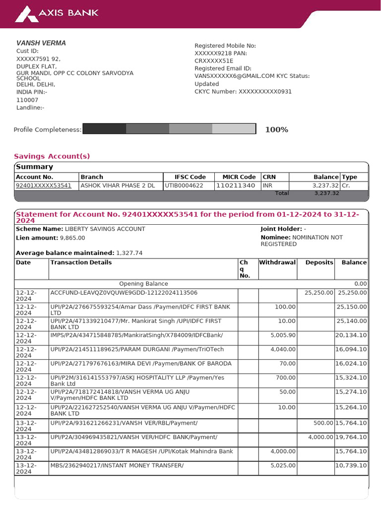 AXIS BANK Statement for December 2024 | PDF | Debit Card | Banks