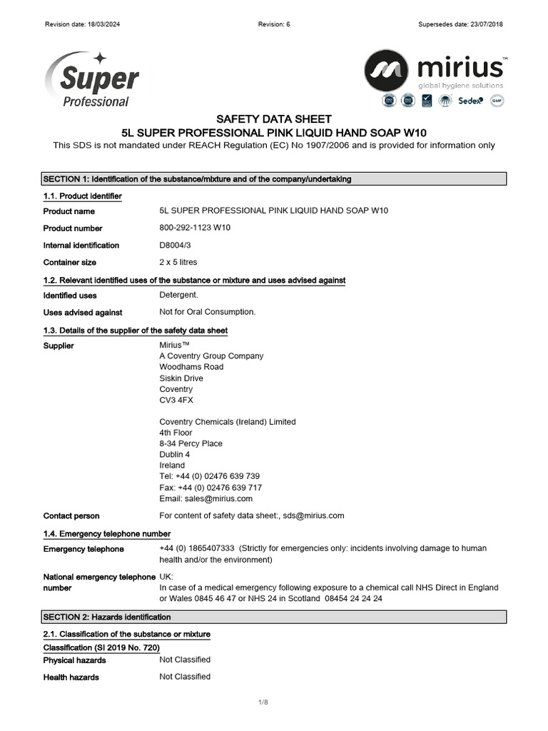 Pink Liquid Hand Soap SDS | PDF | Dangerous Goods | Toxicity