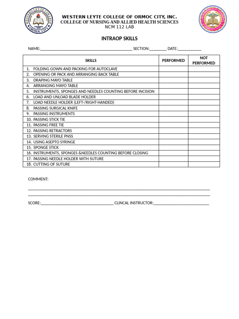 Intraop Skills Checklist | PDF