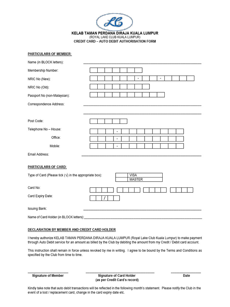 Royal Lake Club - Auto Debit Form 2026-2 | PDF | Debit Card | Credit Card