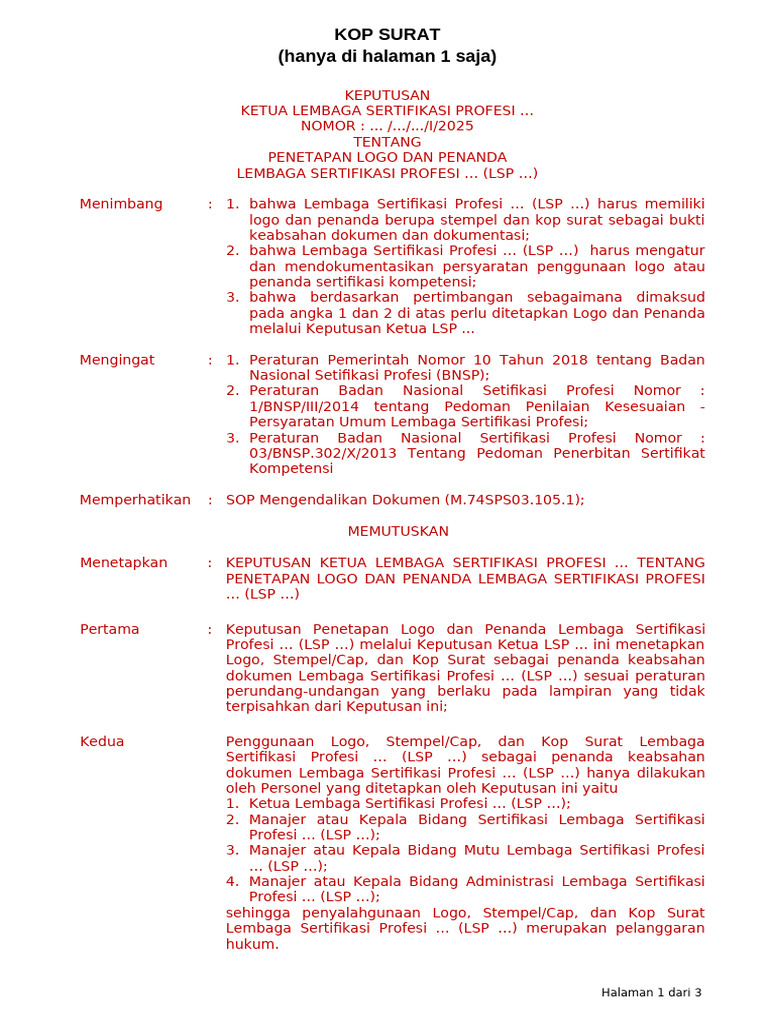 Contoh - SK Penetapan Logo Dan Penanda LSP | PDF